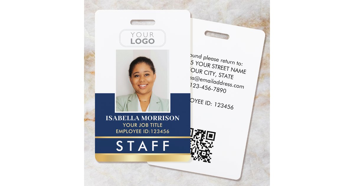 Employee Staff ID Name Logo Navy Gold Gradient ID Badge | Zazzle