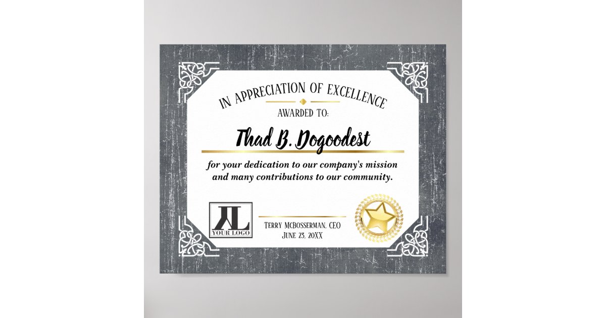 Employee volunteer recognition excellence cert poster | Zazzle