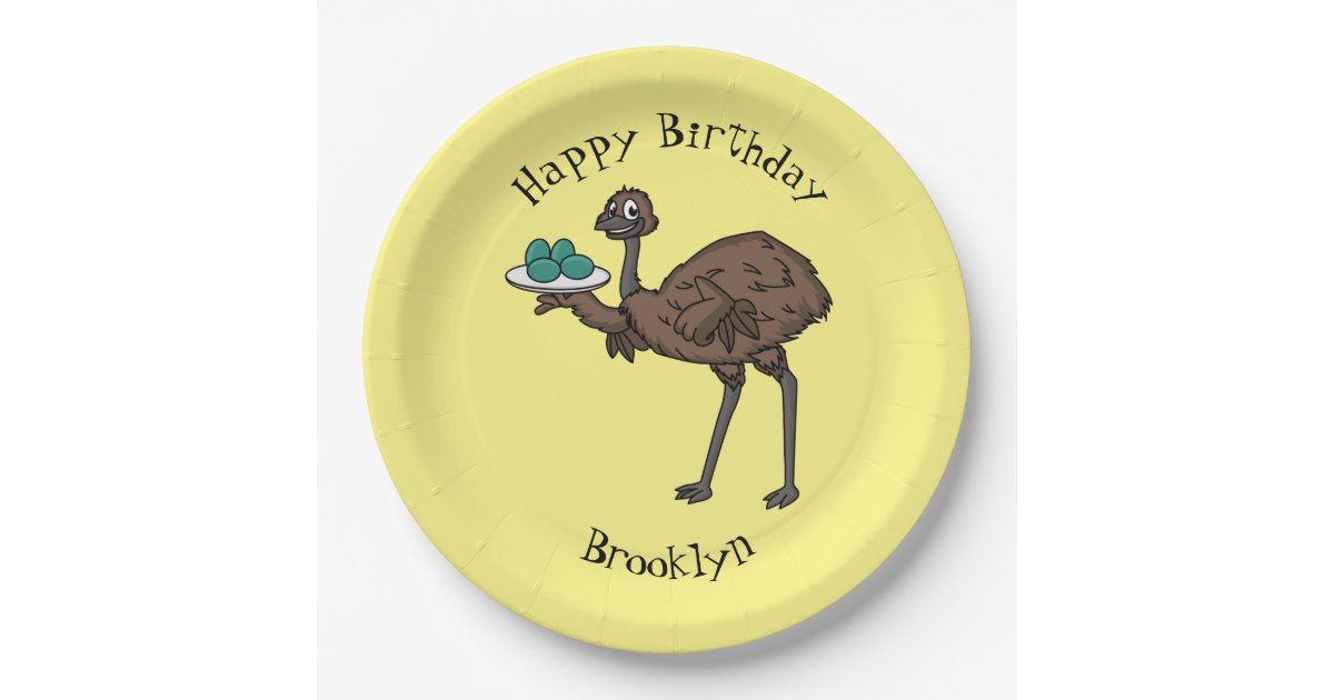 Emu with eggs cartoon illustration paper plate | Zazzle