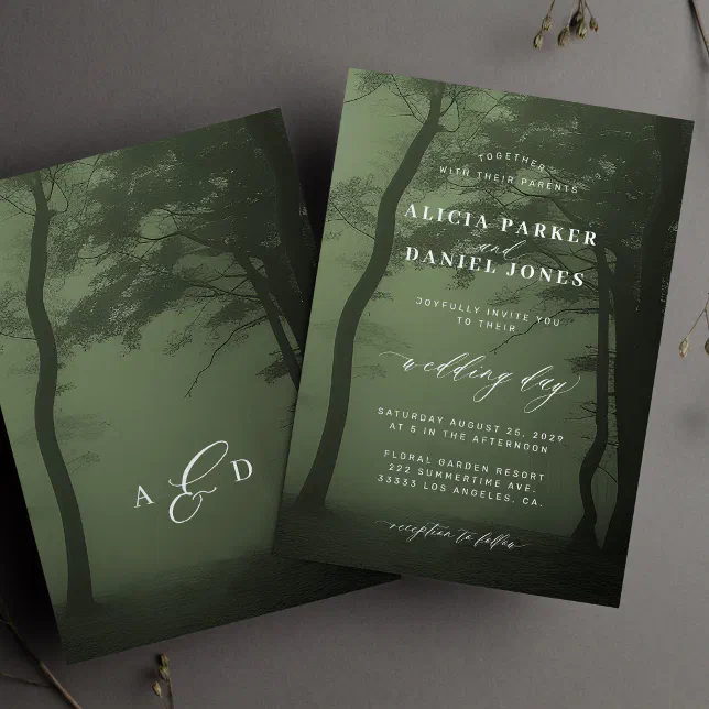 Enchanted forest tree dark green wedding invitation | Zazzle