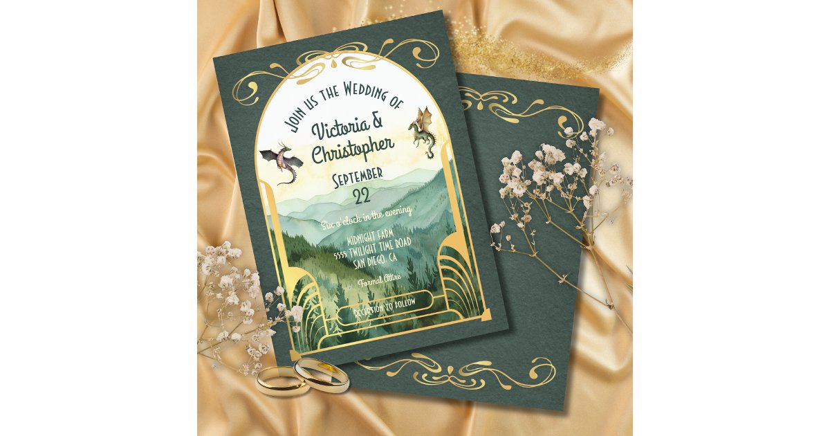 Enchanted Mountain Art Nouveau Dragon Wedding Invitation | Zazzle