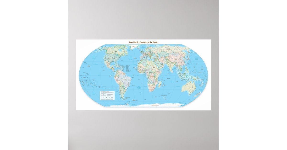 Equal-Earth World Map of Countries, Centred on 0° Poster | Zazzle