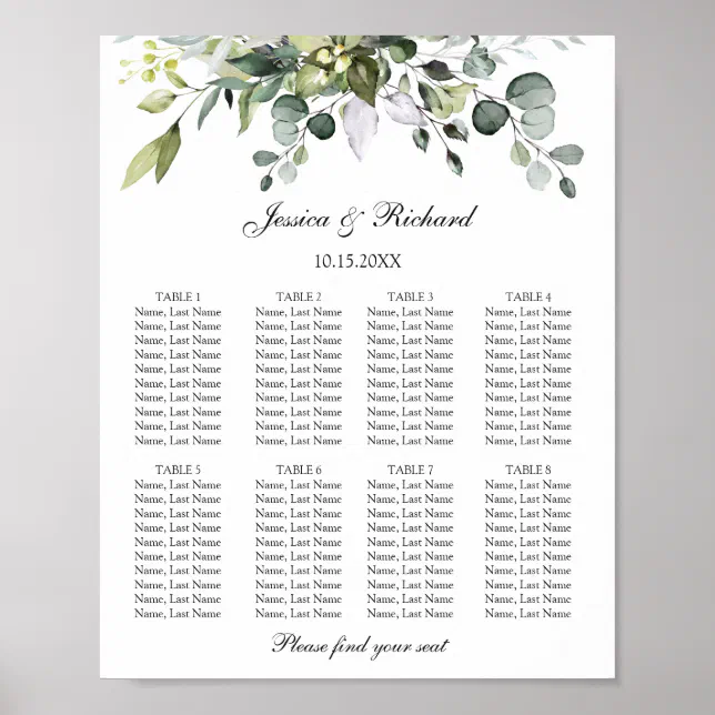 Eucalyptus 8 Tables Seating Chart Poster Sign | Zazzle