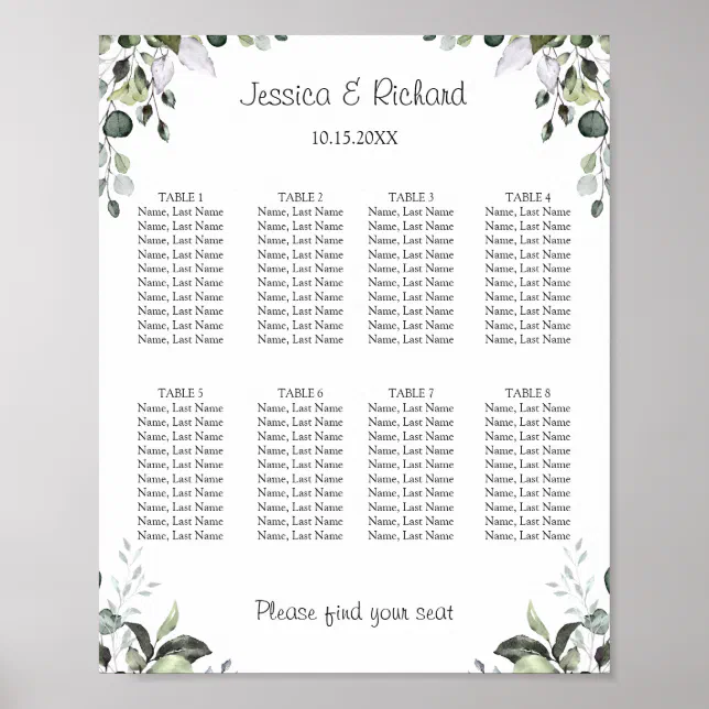 Eucalyptus 8 Tables Seating Chart Poster Sign | Zazzle