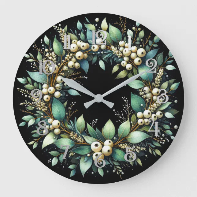 Eucalyptus and Snowberries Wreath Chalk Pastel Large Clock | Zazzle