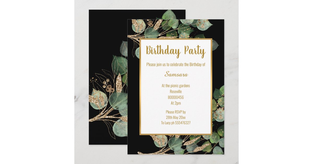 Eucalyptus Branch Green Gold Trim Birthday Invitation | Zazzle