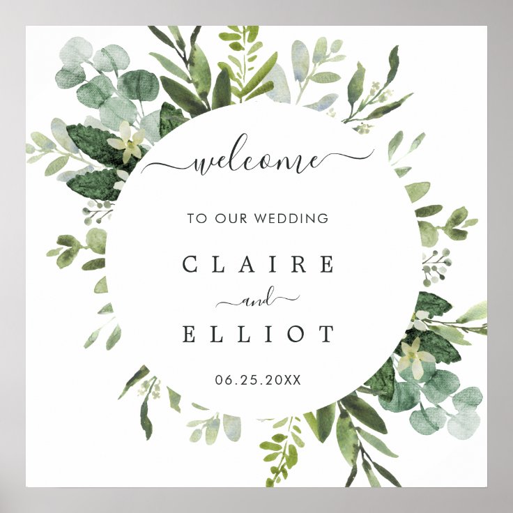 Eucalyptus Foliage Circle Frame Wedding Welcome Poster | Zazzle