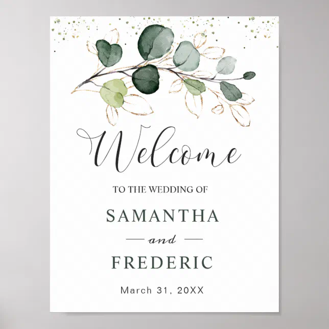 Eucalyptus Foliage Gold Leaves Wedding Welcome Po Poster | Zazzle
