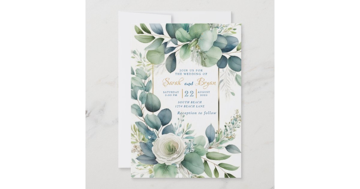 Eucalyptus Green Gold Floral Wedding Invitation | Zazzle