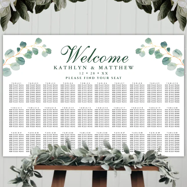 Eucalyptus Greenery Wedding 30 Table Seating Poster | Zazzle