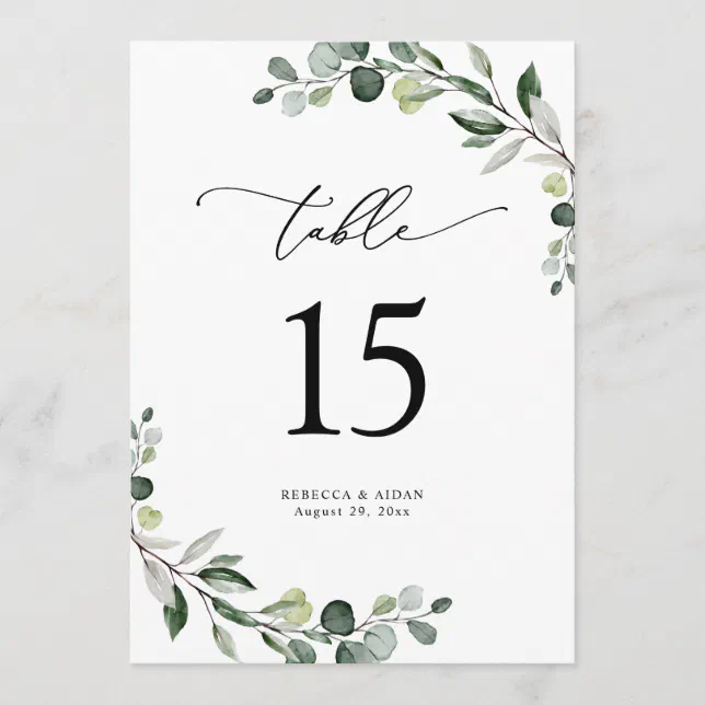 Eucalyptus Greenery Wedding Table Number Cards | Zazzle
