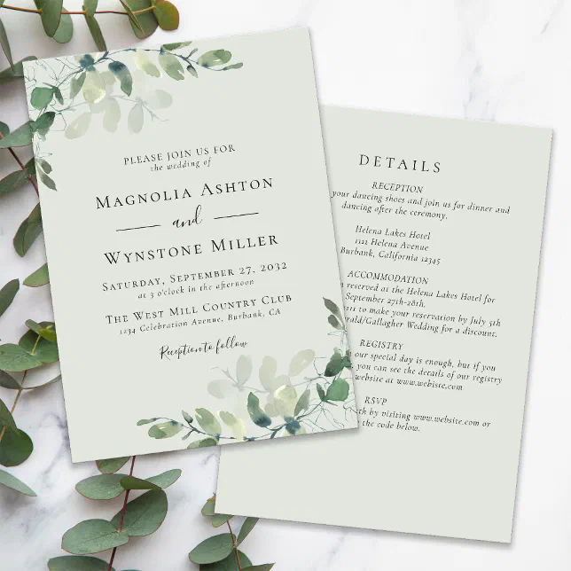 Eucalyptus Sage Green All in One Wedding Invitation | Zazzle