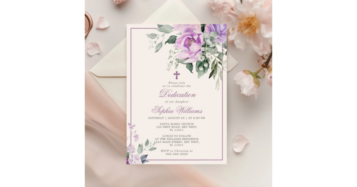 Eucalyptus Violet Flowers Dedication Invitation | Zazzle
