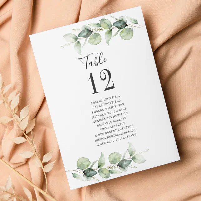 Eucalyptus Wedding Table Number with Guest Names | Zazzle
