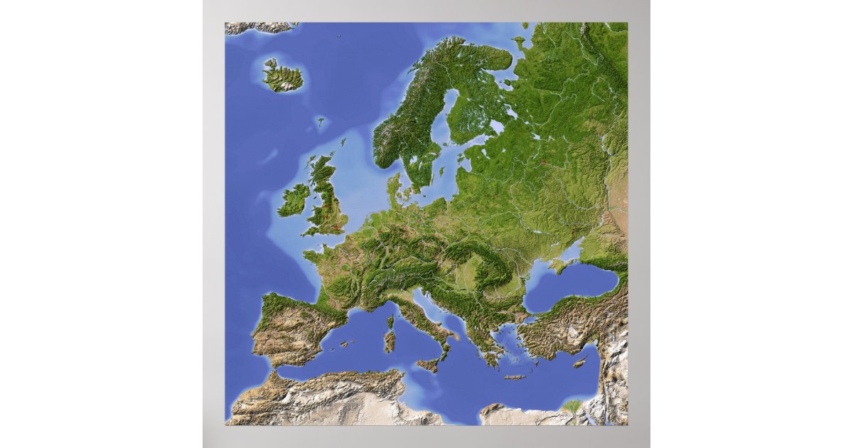 Europe, shaded relief map poster | Zazzle