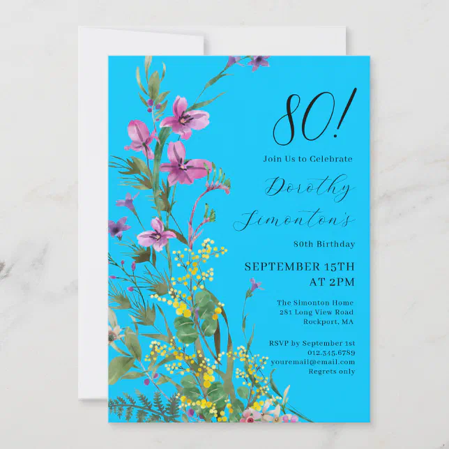 Exotic Pink Yellow Wildflowers 80th Birthday Invitation | Zazzle