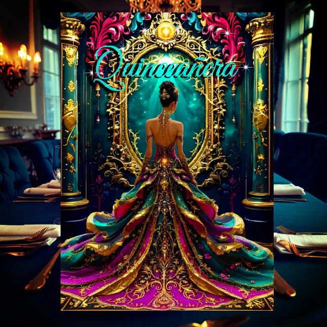 Exotic Quinceanera 15th Birthday Teal Gold Magical Invitation | Zazzle