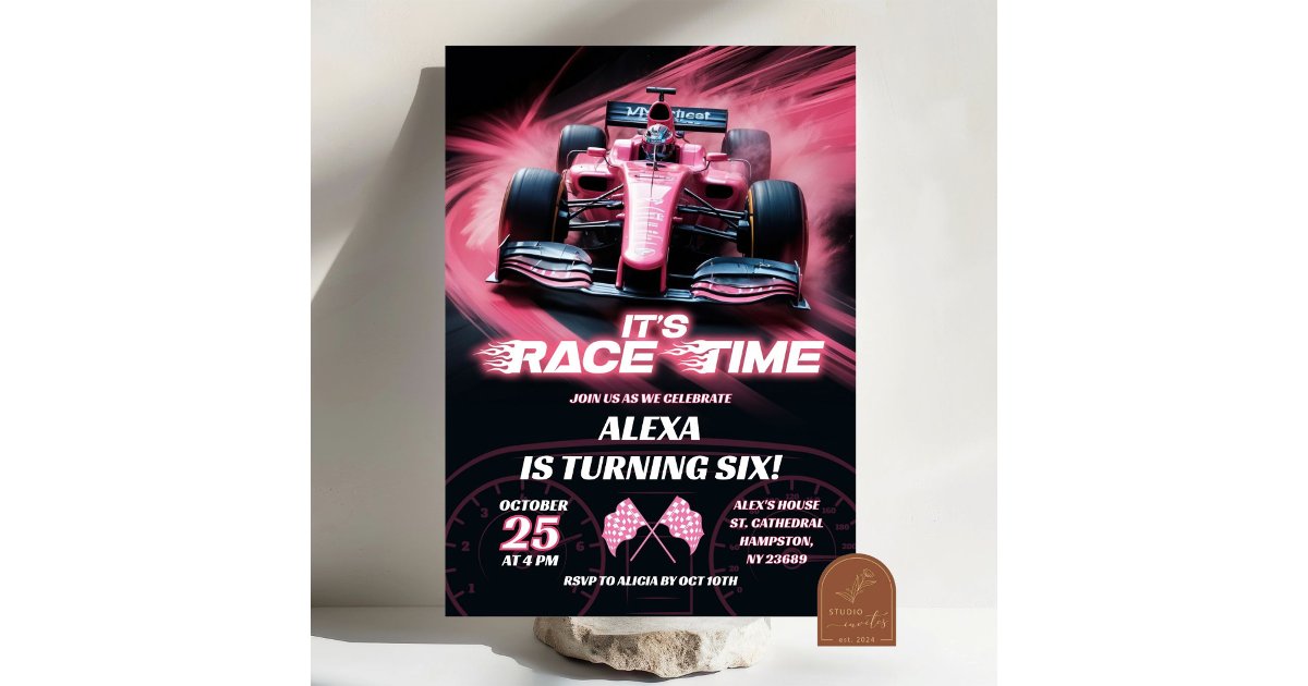 F1 Pink Racing Car Birthday Girl Invitation | Zazzle