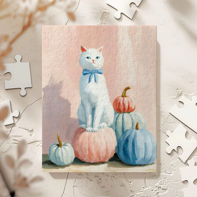 Fall Autumn White Cat with Pumpkins Jigsaw Puzzle | Zazzle