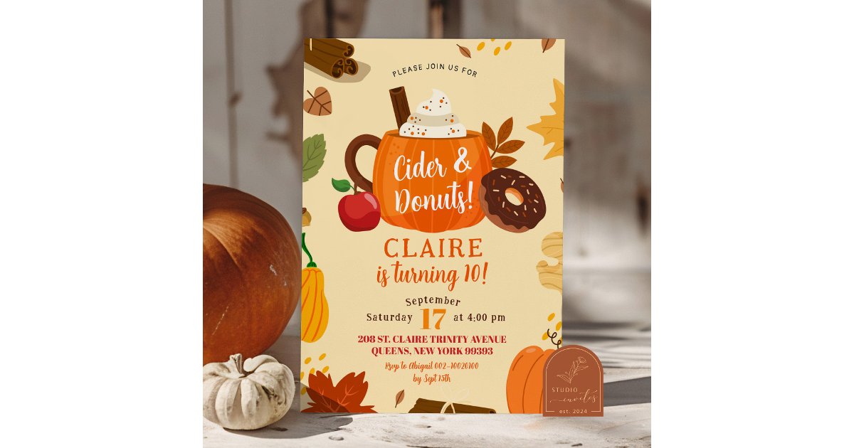 Fall Cider and Doughnuts Autumn Birthday Party Invitation | Zazzle
