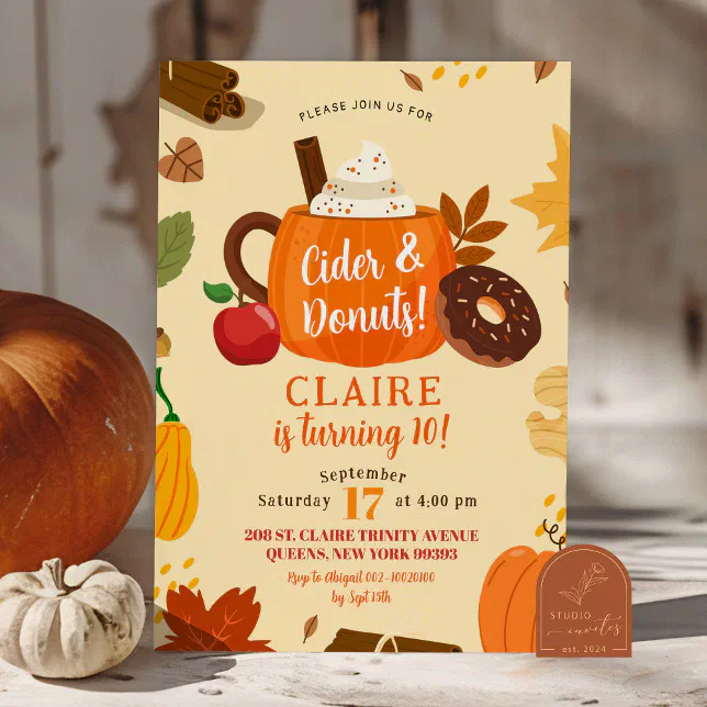 Fall Cider and Doughnuts Autumn Birthday Party Invitation | Zazzle