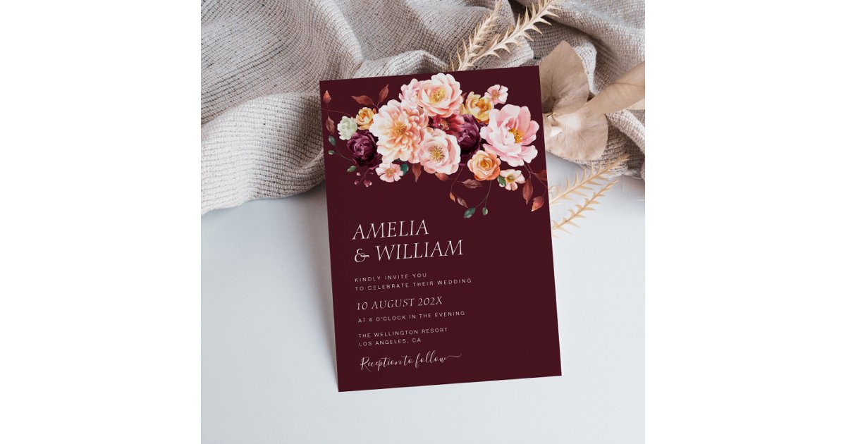 fall floral burgundy wedding Invitation | Zazzle