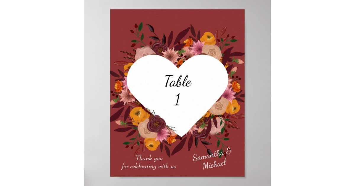 Fall Flowers Wedding Table Number Poster | Zazzle