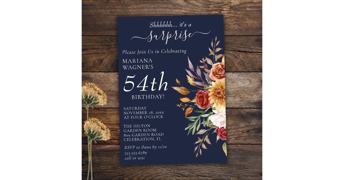 Fall Foliage Autumn Navy Blue Surprise Birthday Invitation | Zazzle