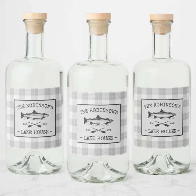 Family Lake House Oars Fish White Plaid Labels | Zazzle