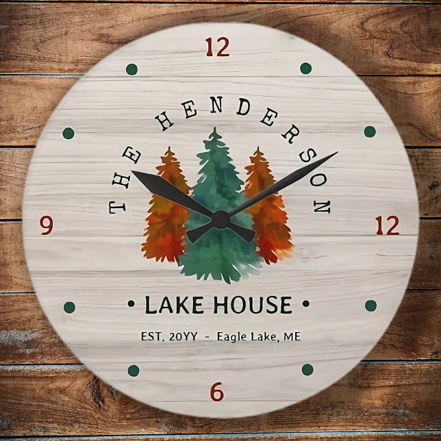 Family Name Lake House Pine Tree wood Personalised Large Clock | Zazzle