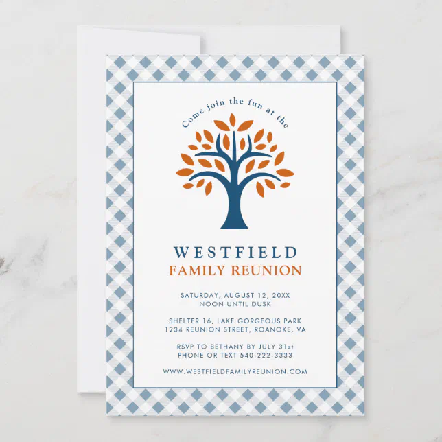 Family Reunion Blue Check Modern Family Tree Invitation | Zazzle