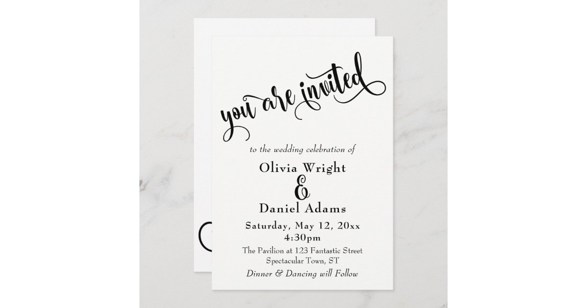 Fancy Script Letters Black & White Wedding Invitation | Zazzle