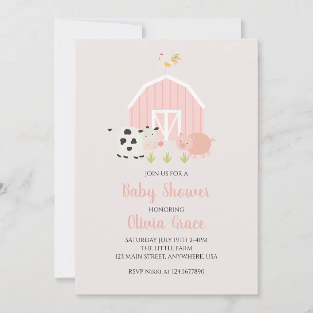 Farm animal pink barn baby shower invitation | Zazzle