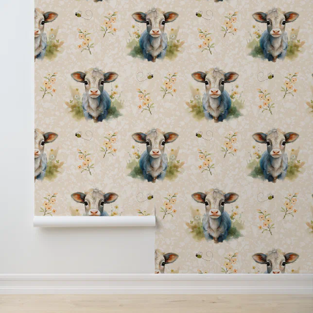 Farm Animals Baby Cow Calf Floral Greenery Cream Wallpaper | Zazzle