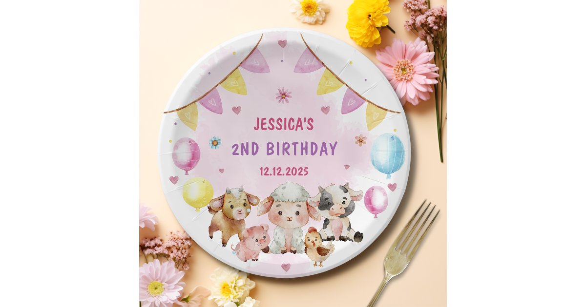 Farm Animals Barnyard Balloon Birthday Party Paper Plate | Zazzle