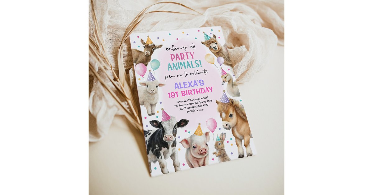 Farm Barnyard Party Animals Girl Birthday Invitation | Zazzle