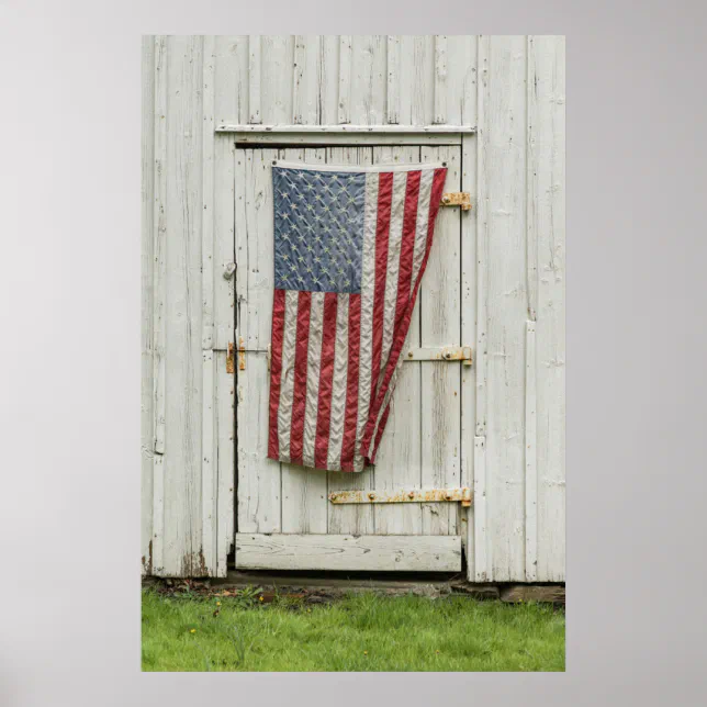 Farms | White Barn Door With American Flag Poster | Zazzle
