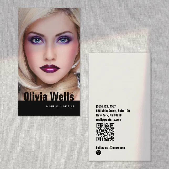 Fashion Model Photo Black QR code Business Card | Zazzle