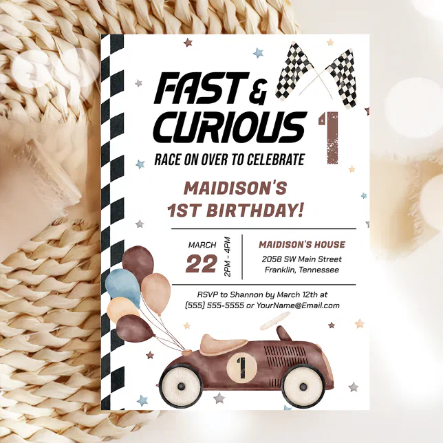 Fast And Curious 1st Brown Race Car Birthday Party Invitation | Zazzle