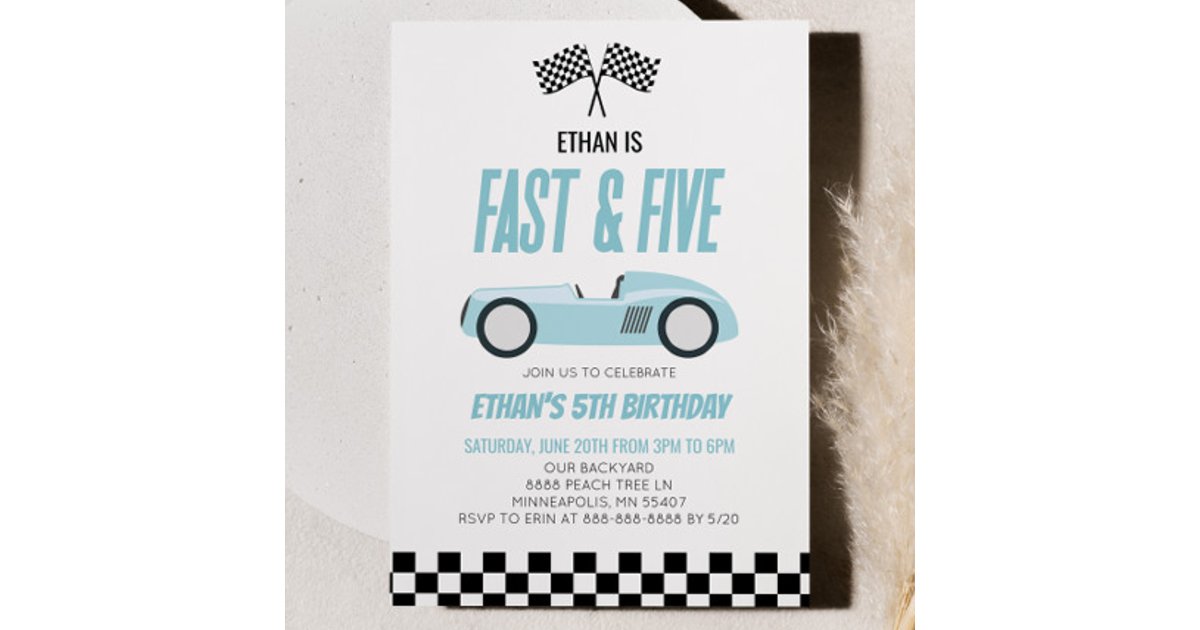 Fast & Five Blue Race Car 5th Birthday Party Invitation | Zazzle