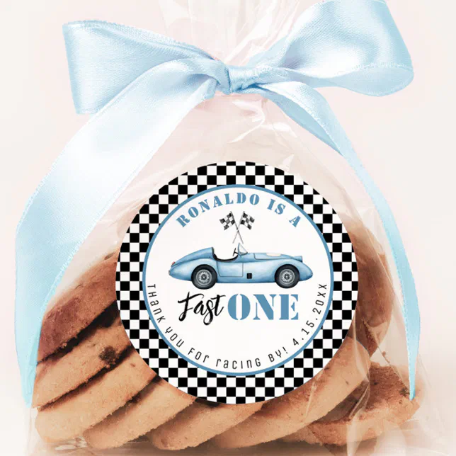 Fast One Blue race car Boy Birthday Thank you Classic Round Sticker ...