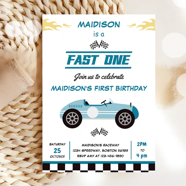 Fast One Race Car Boy 1st Birthday Party Invitation | Zazzle