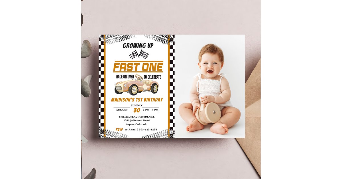 Fast One Race Car Boy 1st Birthday Party Photo Invitation | Zazzle