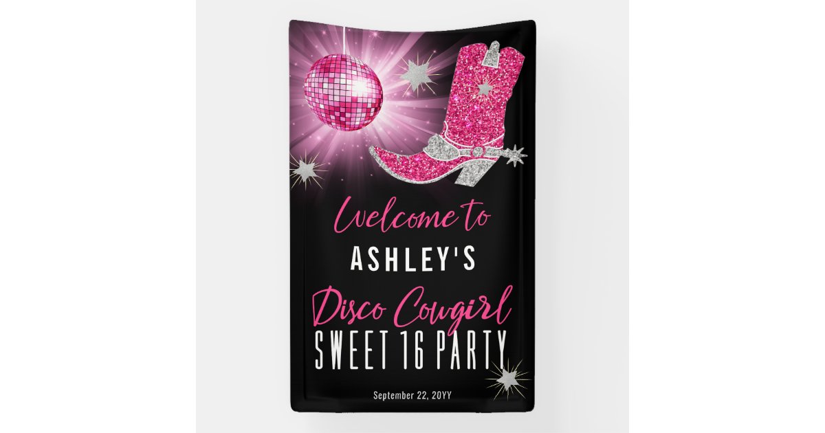Faux Glitter Pink Disco Cowgirl Sweet 16 Party Banner | Zazzle