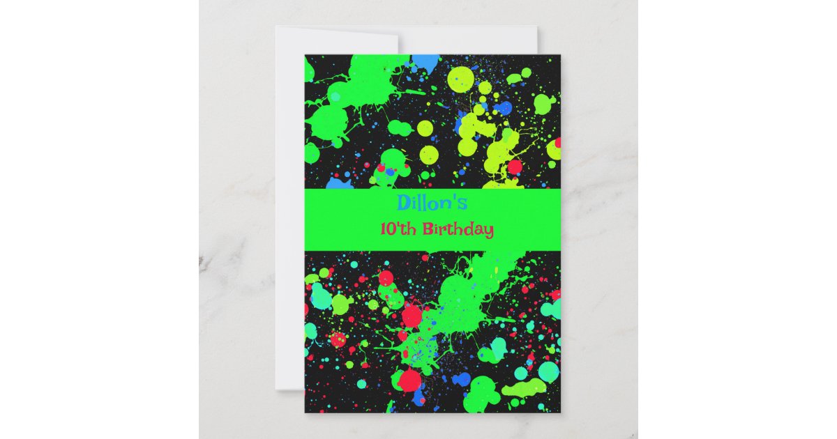 Faux Neon Paint Ball Splatter, Birthday Party Invitation | Zazzle