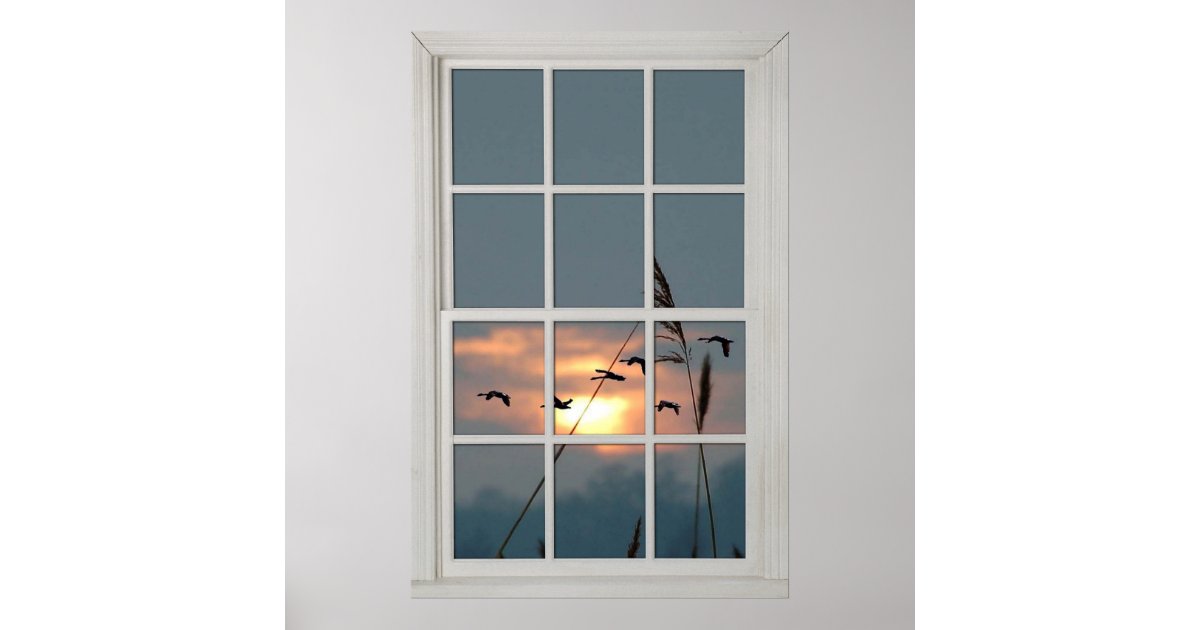 Faux Window White Wood Window Frame Flock of Birds Poster | Zazzle