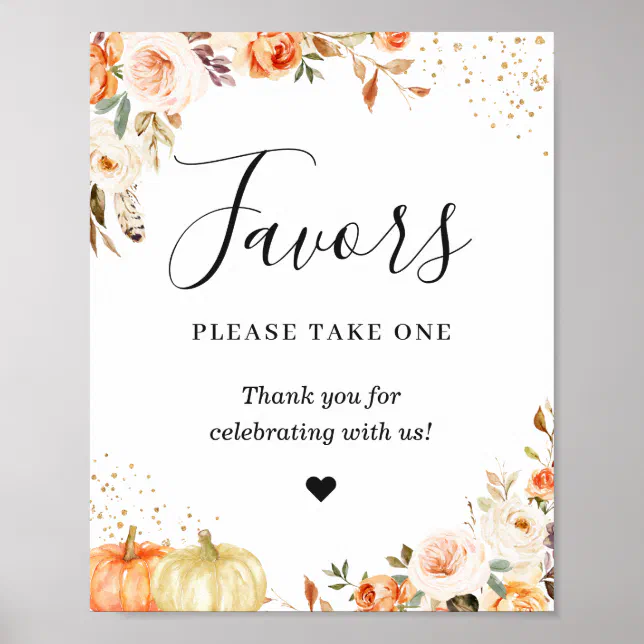 Favors Please Take One Gold Glitters Autumn Floral Poster | Zazzle