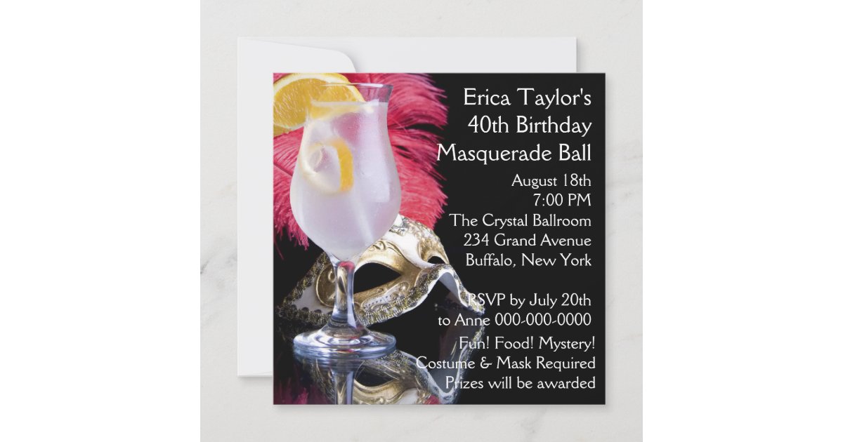 Feather Mask 40th Birthday Masquerade Party Invitation | Zazzle