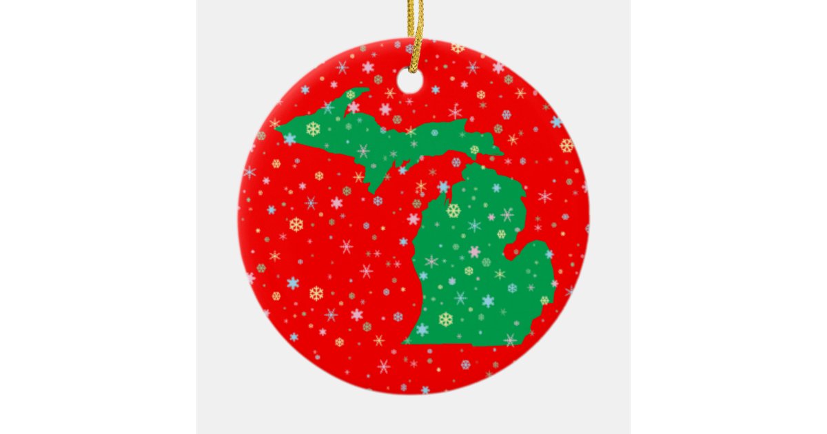 Festive Green and Red Map of Michigan Snowflakes Christmas Ornament ...
