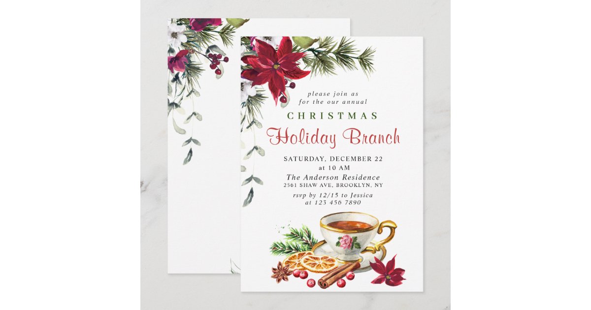 Festive Poinsettia Christmas Holiday Branch Invitation | Zazzle